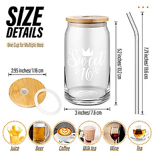 Lallisa 12 Pack Sweet 13/16/18th Gifts for Girls 16 oz Glass Cups with Lids and Straws 13/16/18th Birthday Party Favors for Her 16oz Coffee Glass Cups for Daughter Birthday Gift(Cute 16th Style)