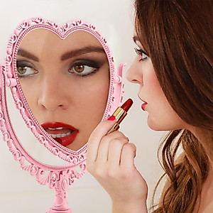 QEEYON Pink Heart Vanity Mirror - 360 Degree Swivel Makeup Double Sided Table Desk Countertop Stand for Dresser Bathroom Bedroom - Aesthetic Cosmetic Mirror for Women Girls