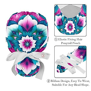 2-Pc Scrub Hats Women Bouffant Hats,Work Hat with Buttons and Cotton Sweatband,Mandala Purple Art Abstract Retro