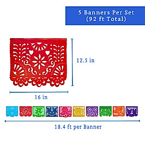 Mexican Party Banners (5 Pack with 10 Plastic Flags per Banner) - Mexican Themed Party Decorations - Papel Picado Mexicano Para Fiesta - Mexican Fiesta Party Decorations - Mexican Décor