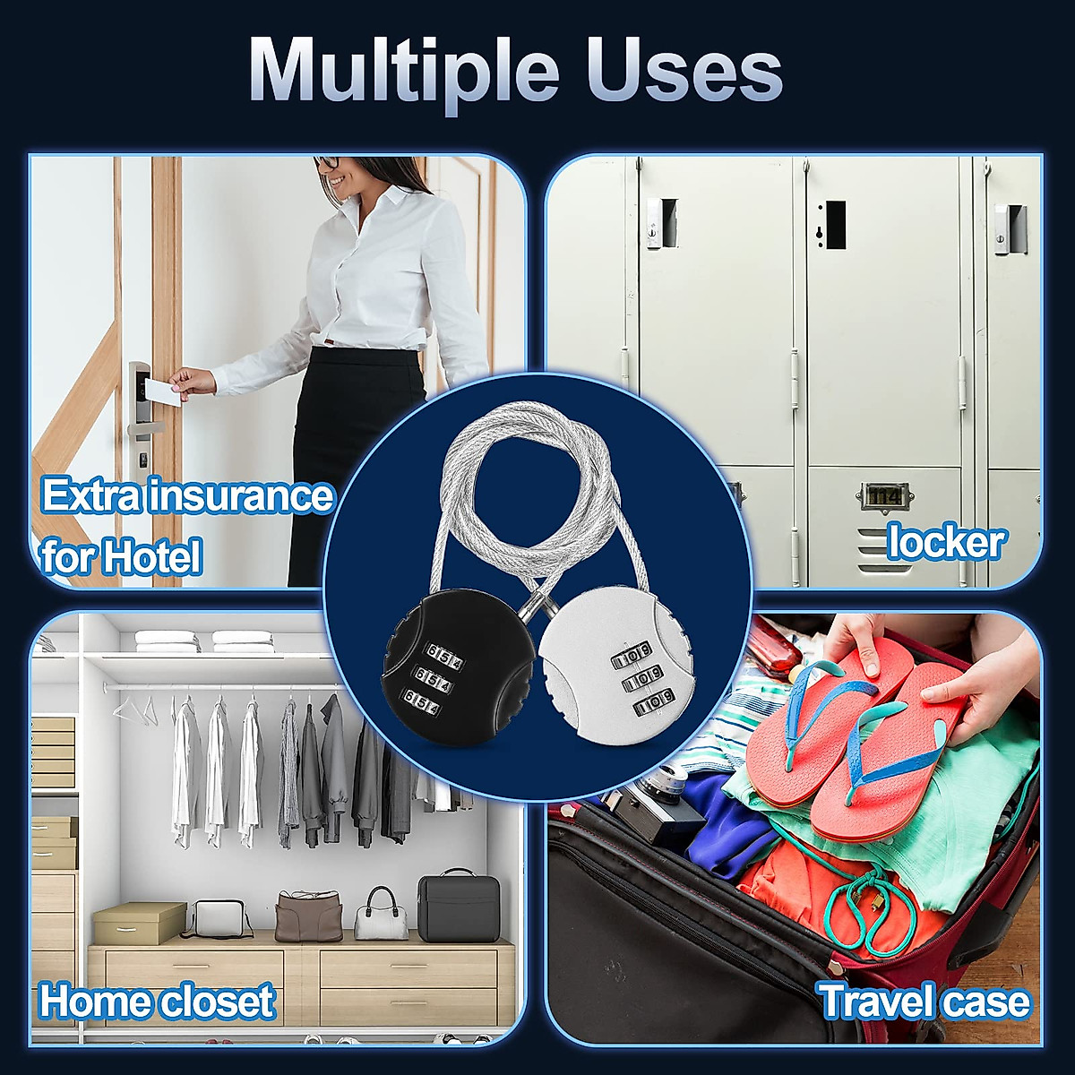 4 Pieces 3 Digit Combination Lock Wire Stroller Waterproof Padlock Cable Locks Lightweight Locker Lock Flexible Gate Lock for School Luggage Helmet Gym Fence Door Sports Bike (Black, Silver)