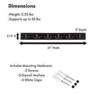 BIRDROCK HOME Dual Hook Coat and Hat Rack - 6 Dual Hooks - 27 Inches - Wall Mount - Decorative Home Storage - Entryway Foyer Hallway Bathroom Bedroom Rail - Oil Rubbed Bronze Hooks - Dark Brown Pine