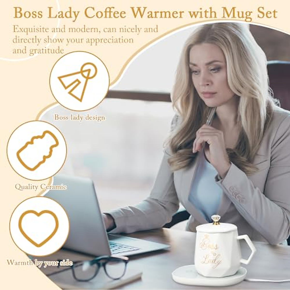 Hushee Lady Coffee Mug Warmer for Women 13.5 Oz Cup Warmer with Mug Set Electric Tea Water Warmer Appreciation Cup Heater with Lid Spoon and Coaster for Desk Office Home Birthday Gifts (White)