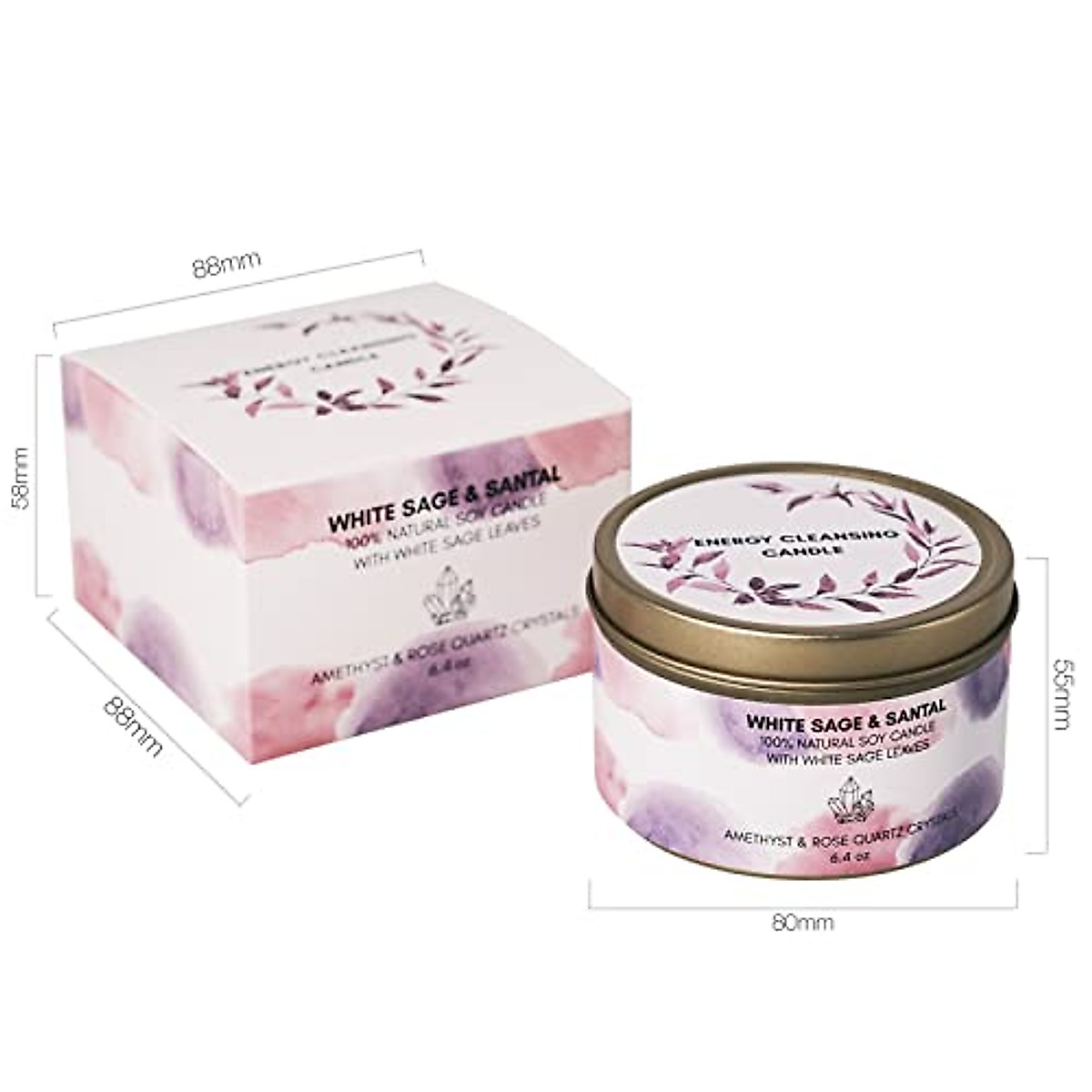 White Sage Smudge Candle with Rose Quartz and Amethyst Gemstone Crystals 100% Natural Soy Essential Oils (Lavender)