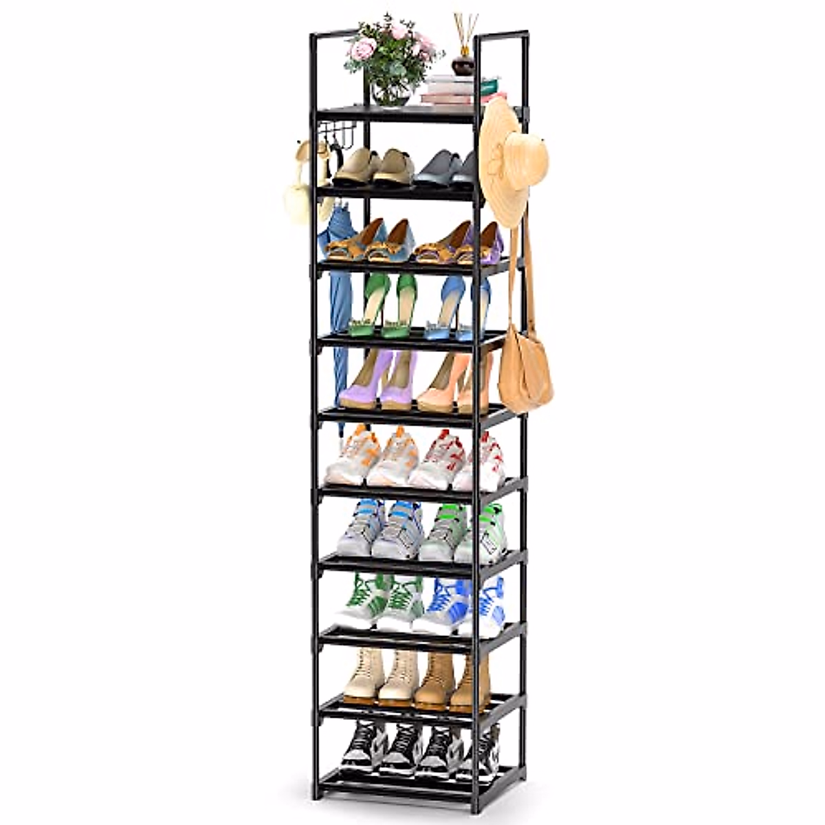 Kottwca 10 Tier Tall Shoe Rack Organizer for Closet Entryway, 20-24 Pair Shoe Boot Storage Rack, Narrow Metal Shoe Shelf Small Vertical Stackable Shoe Stand for Bedroom Corner with 2 Hooks PP Gaskets