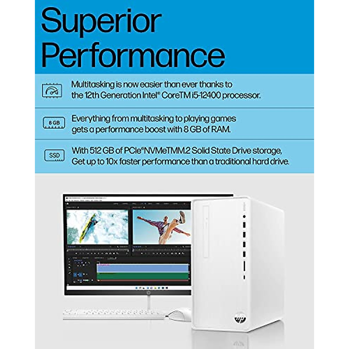 HP 2023 Newest Pavilion Desktop, 12th Gen Intel Core i5-12400, 8GB RAM, 512GB SSD, Windows 11 Home, Wi-Fi & Bluetooth, 9 USB Ports, Keyboard and Mouse Combo, Silver, Bundle with JAWFOAL