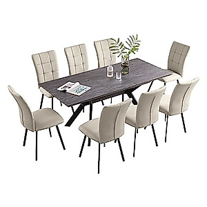ZckyCine Dining Room Table Set 6-8 Person Kitchen Table and Chairs Modern Extendable Dining Table with 8 Leather Upholstered Dining Chairs (1 Table + 8 Beige Chairs)