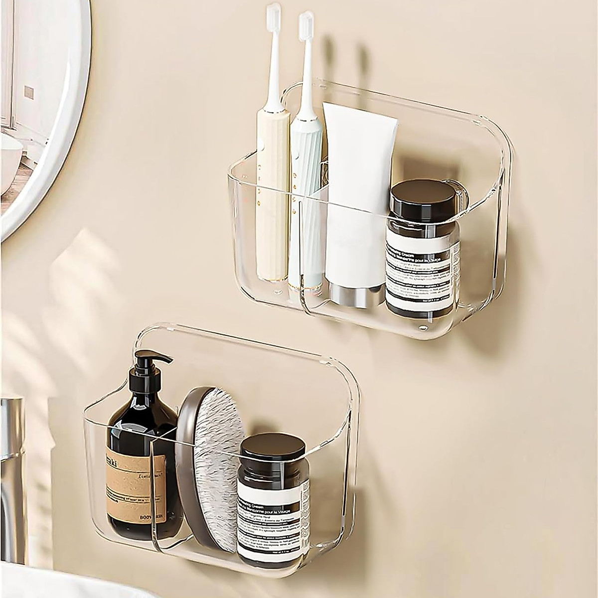 Diesisa 2pc Acrylic Wall Mount Organizer, Adhesive Clear Cabinet Door Organizer,Bathroom Shelves for Wall,No Drilling Hang Walls,with 2 Compartments, for Bathroom, Kitchen, Living Room