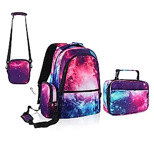 E-Clover Backpack for Girls Kids Galaxy Backpacks Purple Space Bookbags School Bag with Galaxy Lunch Box Set Valentines Day Gifts