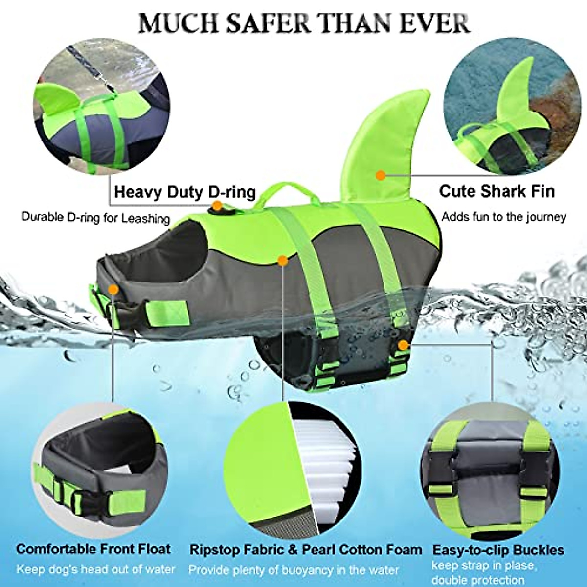 Dogcheer Dog Life Jacket Shark, Adjustable Dog Swim Life Vest for Swimming Boating with Superior Buoyancy and Rescue Handle, Ripstop Pet Flotation Vest for Puppy Small Medium Large Dogs