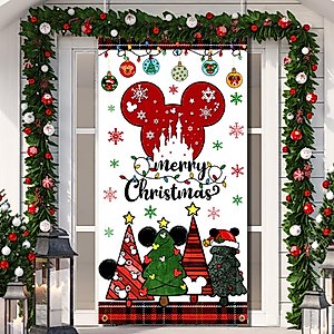 Mouse Christmas Door Cover Decoration,Merry Christmas Door Hanging Backdrop for 2023 Cartoon Mouse Theme Xmas Winter Holiday Supplies
