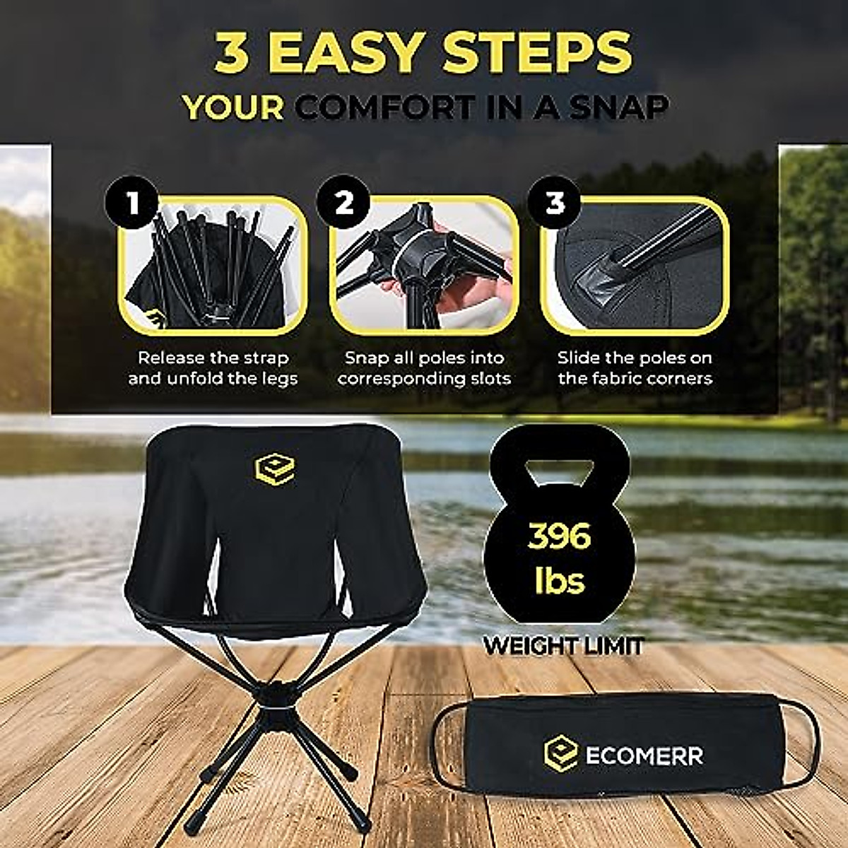 Ecomerr Portable Camping Chair - Bottle Sized Compact Foldable Chair with Carry Bag - Supports 330lbs - Outdoor Backpacking Chair Ultra Lightweight for Lawn, Hiking, Travel, Beach, Picnic