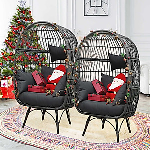 NICESOUL® 2Pcs Outdoor Wicker Furniture Set, PE Rattan Woven Lounge Stationary Egg Chairs with Legs, Boho Style Double Chair Loveseat Conversation Set of Two Inside Outside Indoor Patio Backyard Grey