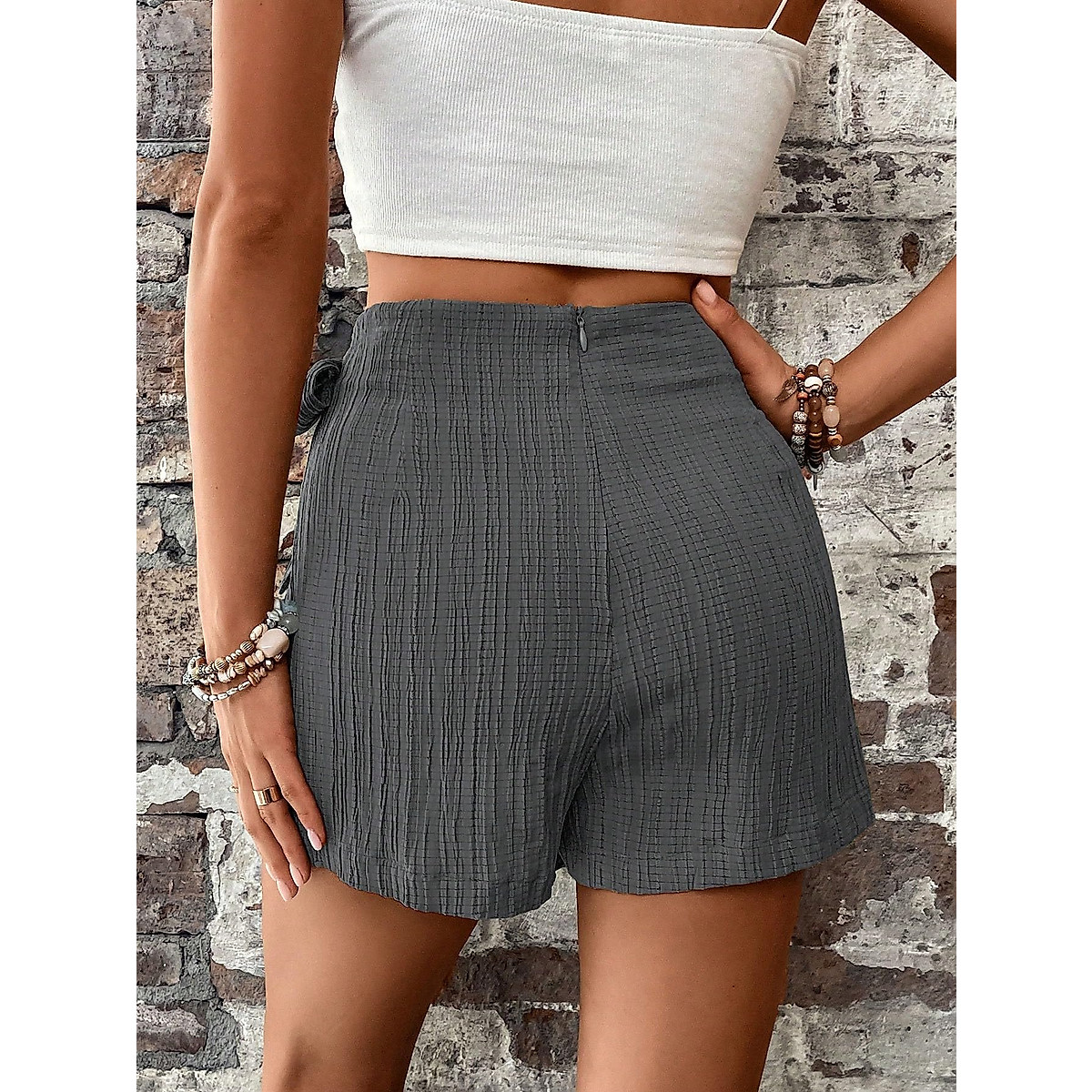 WDIRARA Women's Summer Mini Wrap Shorts Knot High Waist Belted Skorts Zipper Casual Loose Skirt Deep Grey L