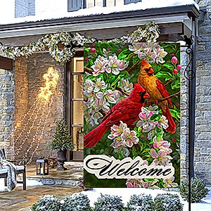 Gormcore Cardinal Glory Spring Garden Flag Red Birds Yellow Birds Summer Small Garden Flag Peach Blossom Floral Vertical Double Sided Rustic Farmland Burlap Yard Lawn Outdoor Decor 12.5x18
