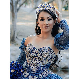 SWEETV Crystal Wedding Tiara for Bride Rhinestone Princess Crown for Women, Olivia Quinceanera Crown Bridal Costume Jewelry Hair Accessories, Blue