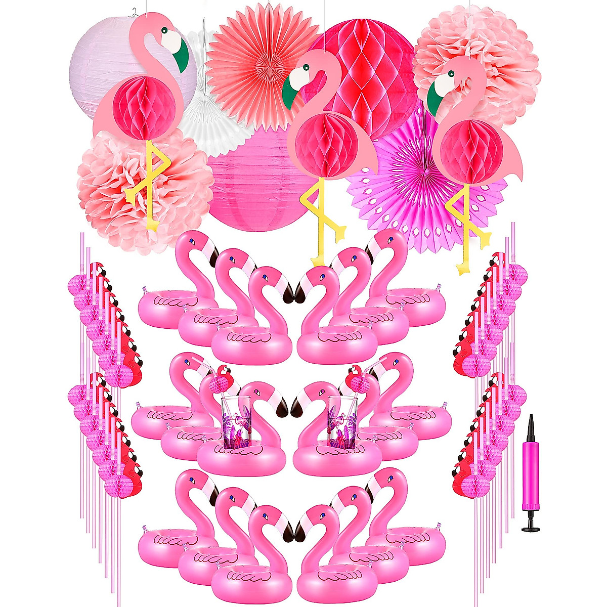 97 Pieces Flamingo Party Decorations Set, Including 36 Inflatable Drink Floats 50 Pink Flamingo Straws 11 Pink Flamingo Party Decorations Reusable Pool Drink Holder Plastic Drinking Straws for Party