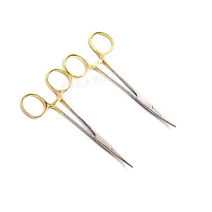 Premium German Stainless- Set of 2 PCS Gold Handle Mosquito Locking HEMOSTAT Forceps Straight + Curved 5"-Cynamed