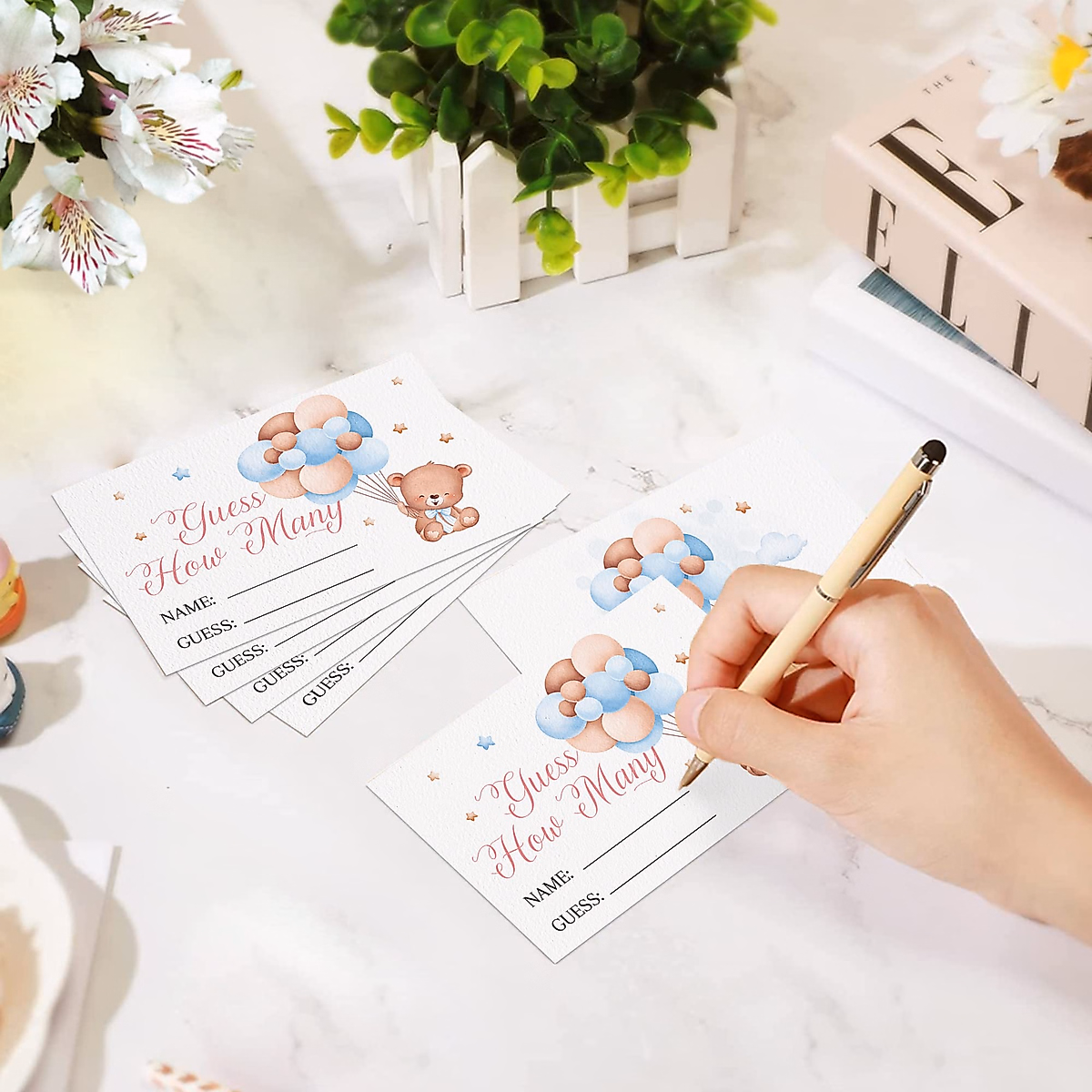 Azbuk Blue balloons Bear Baby Shower Game Cards with Box, Guess How Many, Baby Shower Game with Box and 50 Guessing Cards, Baby Shower Decorations for Boy and Girl