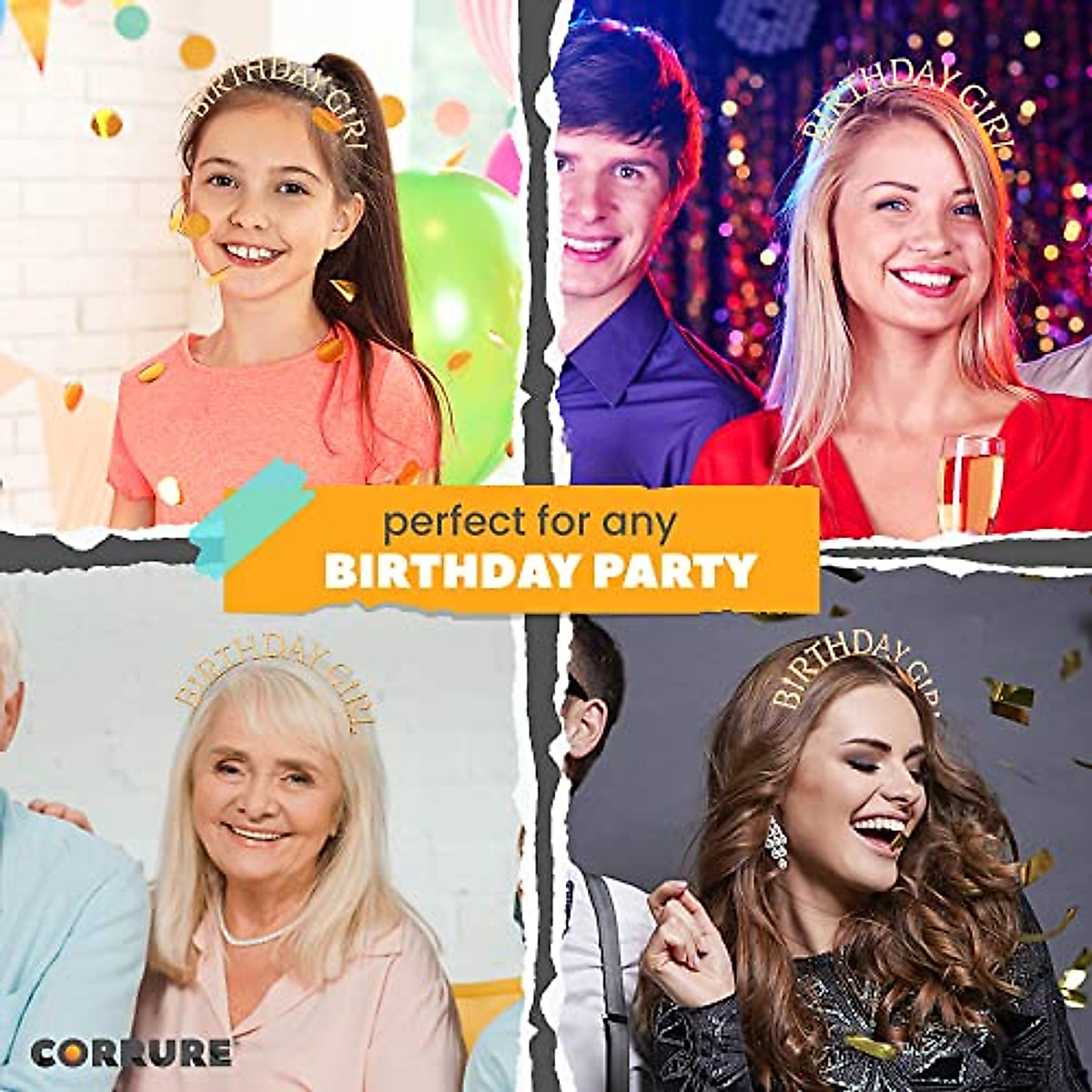 CORRURE Birthday Girl Headband Tiara, Gold Birthday Crown Headpiece, Party Hair Accessories for Girls and Women, Sweet 16, 18th 21st 25th 30th 40th 50th or Any Other Bday Party Decorations Supplies