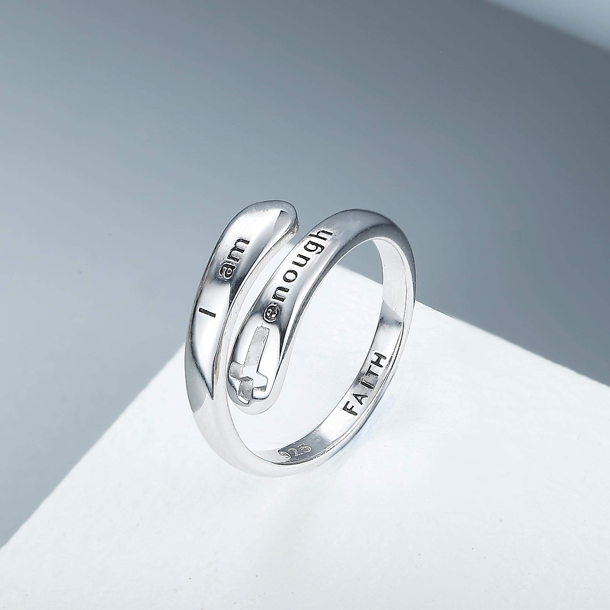 FIASASO 925 Sterling Silver Rings I am Enough Inspirational Rings Faith Christian Cross Encouragement Statement Rings for Women Men I am Enough