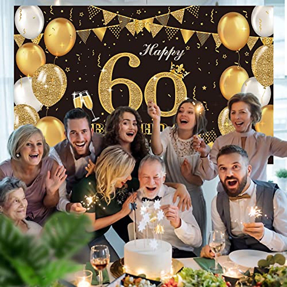 60th Birthday Party Decoration, Extra Large Black and Gold Sign Poster 60th Birthday Party Supplies, 60th Anniversary Backdrop Banner Photo Booth Backdrop Background Banner