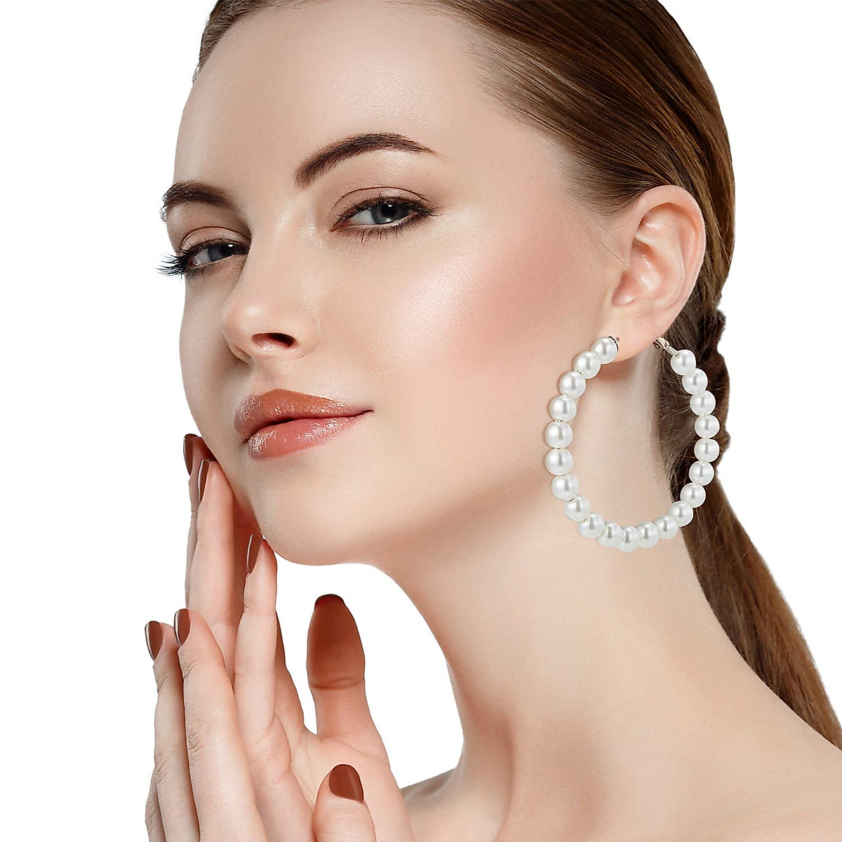Hicarer 4 Pairs Faux Pearl Hoop Earrings for Women Large Big Drop Dangle Earrings Pearl Beaded Earrings Jewelry for Women Brides Gift