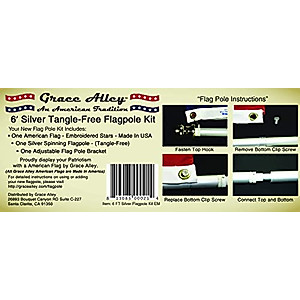 Flag Pole Kit 6 Ft Flagpole with Embroidered American Flag by Grace Alley - Embroidered Stars and Stitched Stripes, Brushed Silver Aluminum Rust Free & Tangle Free Wind Resistant Pole and Multi-Position White Bracket for Residential or Commercial Use