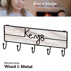 SNAP INVENT Wall Mounted Key Hooks for Hanging and Holding Keys - Entryway Keys Organizer - Handmade Metal Ornament with Natural Wood (White)