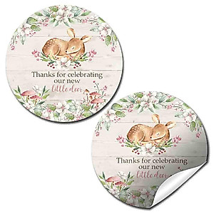 Watercolor Floral Little Deer Thank You Sticker Labels for Baby Girls, 40 2" Party Circle Stickers by AmandaCreation, Great for Party Favors, Envelope Seals & Goodie Bags