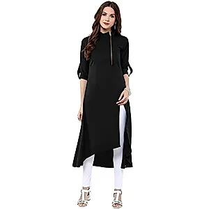 Janasya Women's Crepe Kurti Tunic Tops,Black,Large