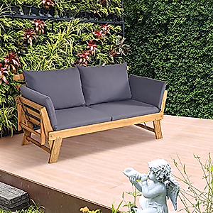 DORTALA Patio Convertible Couch Sofa Bed, Acacia Wood Daybed w/Adjustable Armrest, Collapsible Chaise Lounge w/Cushions & Pillows, Outdoor Loveseat forPoolside, Courtyard, Grey