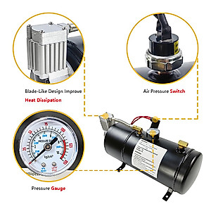 DC 12V MAX 150PSI Air Compressor with 3 Liter Tank 0.8 Gallon | Fit for Train Truck Horns Motorhome Tires | Inflator Air Compressor with 3L Tank Train Air Horn Kit