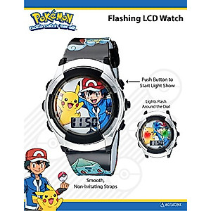Accutime Kids Pokemon Ash & Pikachu Digital LCD Quartz Multicolor Wrist Watch with Black Strap, Cool Inexpensive Gift & Party Favor for Boys, Girls, Adults All Ages (Model: POK3018)
