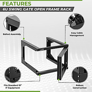 NavePoint 6U Server Rack with Swing Gate - 6U Wall Mount Rack for 19 Inch IT Equipment Open Frame Rack – Network Rack Wall Mount for AV & Server Equipment 18” Deep 6U Rack, Black