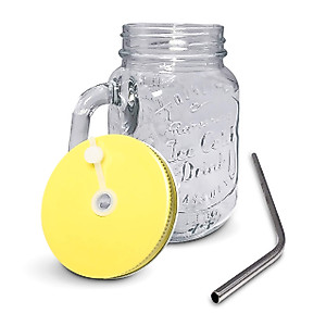 Home Suave mason jars 16 oz with lids, handle & 2 Reusable Stainless Steel Straws, Regular Mouth, Set of 2 (Light Blue & Yellow). Glass cup with lid and straw. Iced coffee cups with lids.