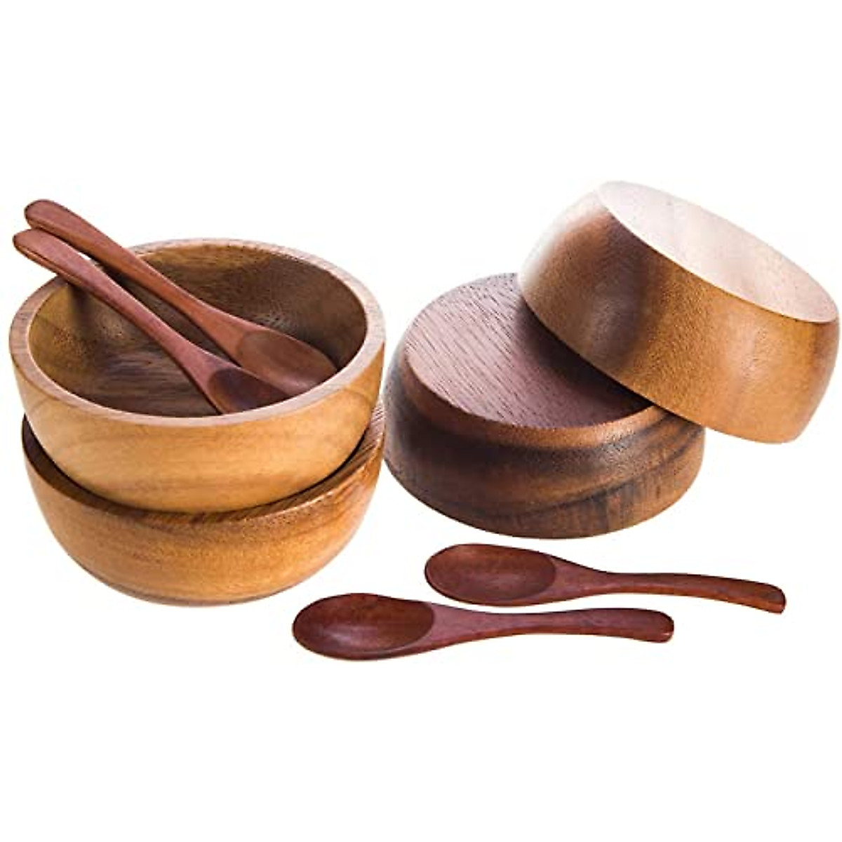 MINIATURE DOLL SIZE Tiny 2¾" Dia Acacia Calabash Wood Bowl for Condiments, Dip Sauce, Nuts, Ketchup, Jam, Herb, Prep, Olive, Salsa, Round Wooden Brown Bowl 2.75"x1.5" H Set of 4 (FREE 4 Wood Spoons)