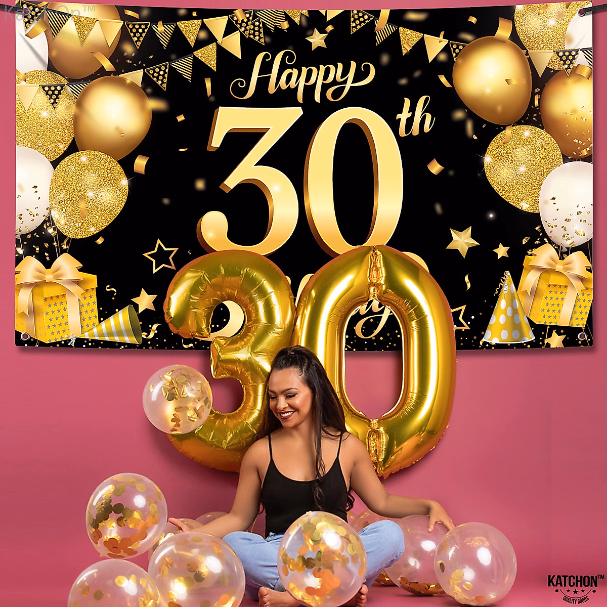 KatchOn, Happy 30th Birthday Backdrop - Large, 72x44 Inch | Black and Gold 30th Birthday Decorations | Happy 30th Birthday Banner for 30th Birthday Party Men, Women