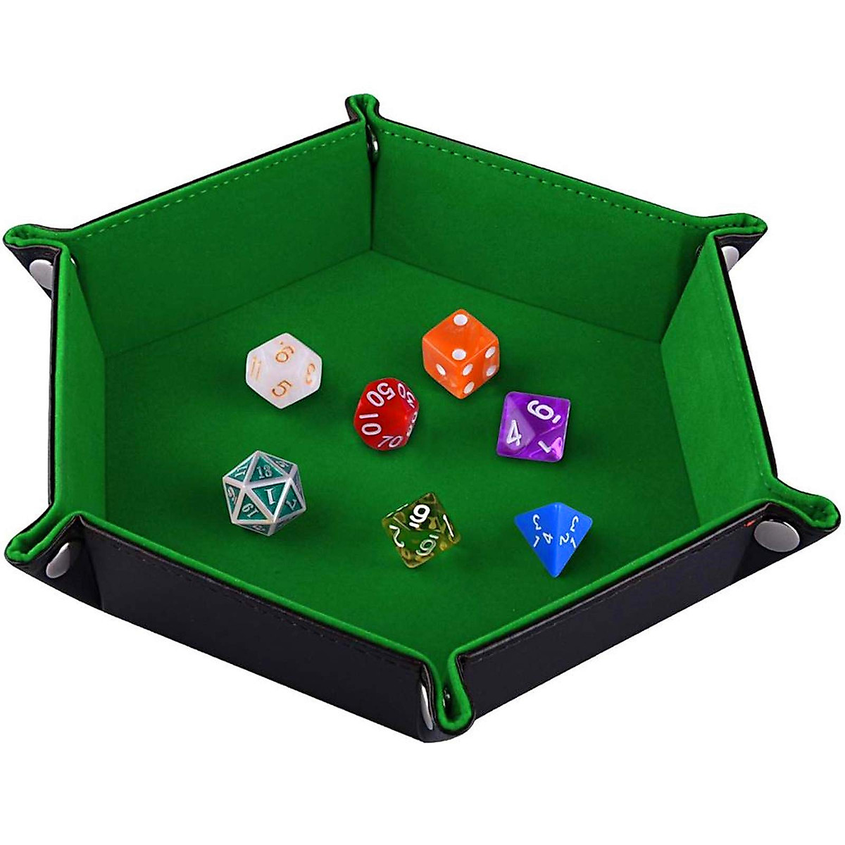 Kimairy DND Metal Dice Tray, Dice Folding Hexagon Tray Leather Dice Holder Velvet Rolling Storage Tray for Dice Games RPG DND Other Table Games and Candy Holder Storage Box (Green)