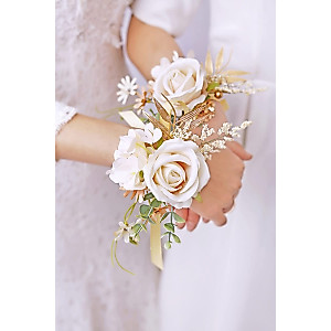 Ansofi 6Pcs Wrist Corsage Wristlet Band Bracelet for Bride Bridesmaid Champage Rose Artificial Flowers Accessories for Wedding Formal Dinner Party and Prom Decorations