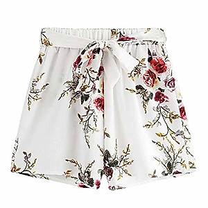 Fashion Print Shorts,THENLIAN Women Casual Belt Loose Hot Pants Lady Summer Beach Shorts Trousers(XL, White)