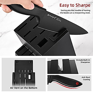 Emojoy 15Pcs Kitchen Knife Set with Block and Built-in Sharpener, Stainless Steel Knife Block Set, Dishwasher Safe, Black