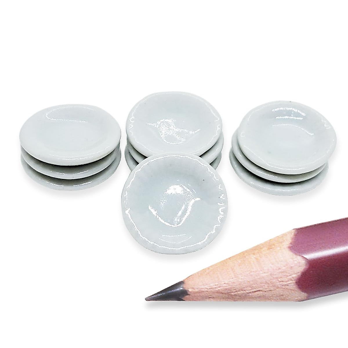 ChangThai Design Very Tiny ⅝ Inch Diameter White Round Ceramic Plate 10 Pieces Set - Miniature Tableware Tray Bowl Crockery Cutlery Kitchenware Handmade Mini Porcelain Decorative Collectible Gifts