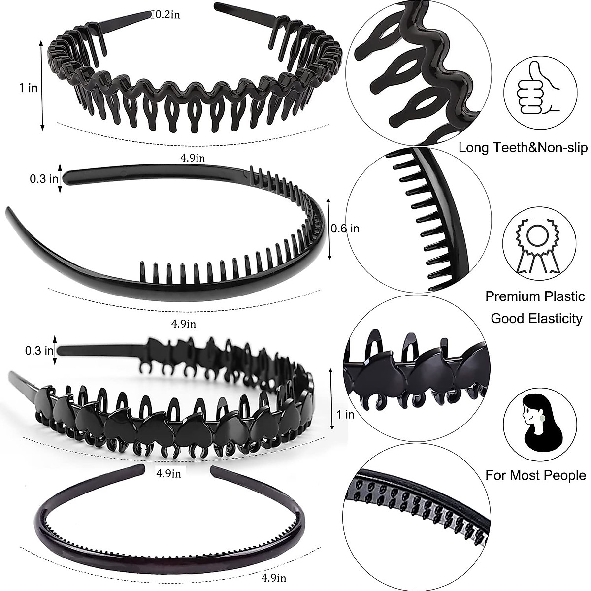 ULTIMUTE 8 PCS Fashion Effortless Plastic Headbands with Teeth Comb Black Skinny Headbands No Slip Hair Bands for Women Men Teen Girls, Bright Black