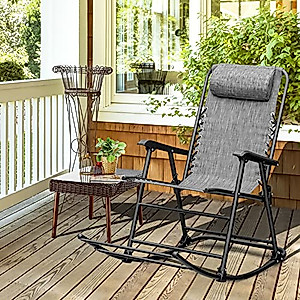 Goplus Folding Rocking Chair, Zero Gravity Rocking Camping Chair with Pillow & Armrests, Folding Lounge Rocker for Outdoor Beach Poolside Yard Garden Indoor