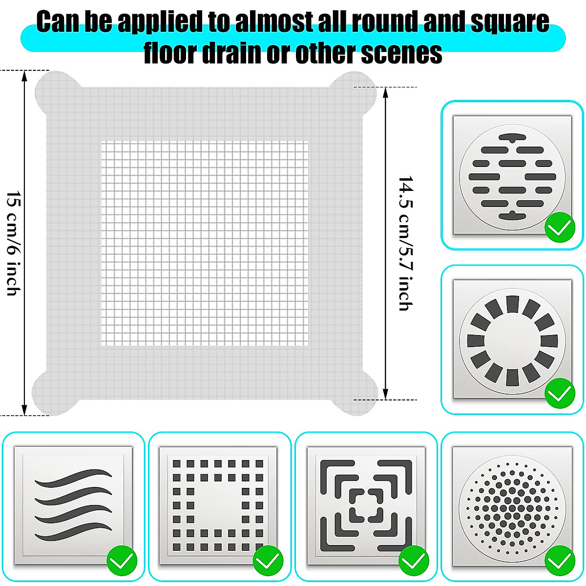 5.7 Inch Disposable Hair Catcher Shower Drain Hair Catcher Mesh Stickers Drain Cover Square Hair Drain Cover Bathtub Stopper with 5 mm Holes for Bathroom Kitchen Sink Mesh Filter (50)