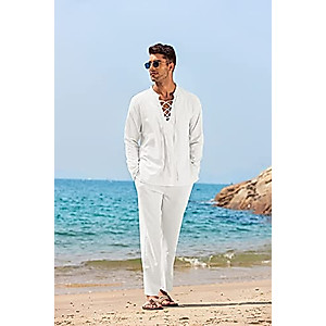 COOFANDY Men's 2 Piece Linen Set Long Sleeve Henley Shirts Casual Beach Pants With Pockets Summer Yoga Outfits