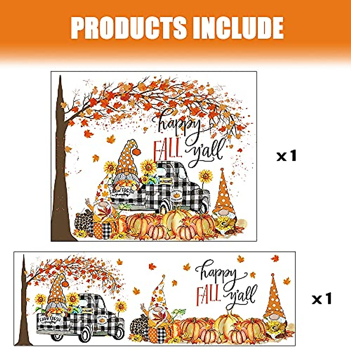 delaimastor Fall Gnome Pumpkin Decorative Kitchen Mats Set of 2, Fall Halloween Thanksgiving Rustic Yard Low-Profile Floor Mat for Kitchen, Gnome Plaid Maple Leaves Seasonal Decorative Floor Mat
