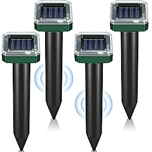 Mole Repellent Solar Powered 4 Pack Ultrasonic Sonic Repellent, Vole Snake Gopher Deterrent Spikes for Lawn Garden, Outdoor Yard Groundhog Chipmunk Repeller