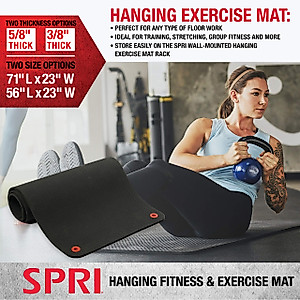 SPRI Hanging Exercise Mat, Fitness & Yoga Mat for Group Fitness Classes, Commercial Grade Quality with Reinforced Holes, 56" L x 23" W x 3/8" Thick